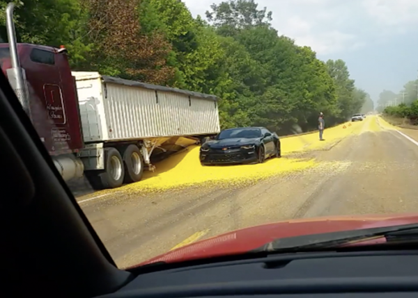 Corn truck turns rural highway into Yellow Brick Road