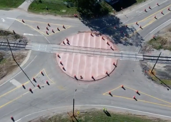 Georgia town opening roundabout with railroad tracks going through it