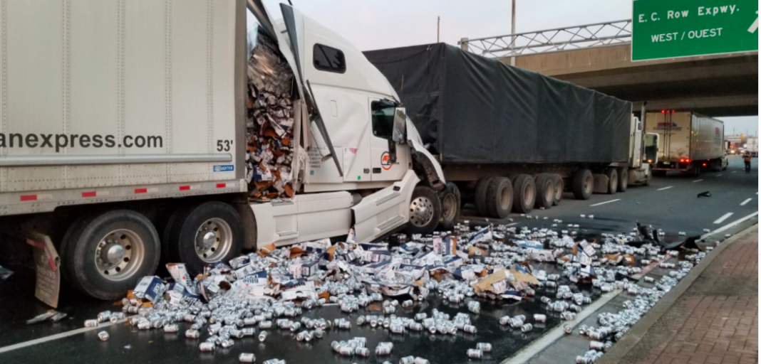Three truck crash leaves highway littered with beer cans