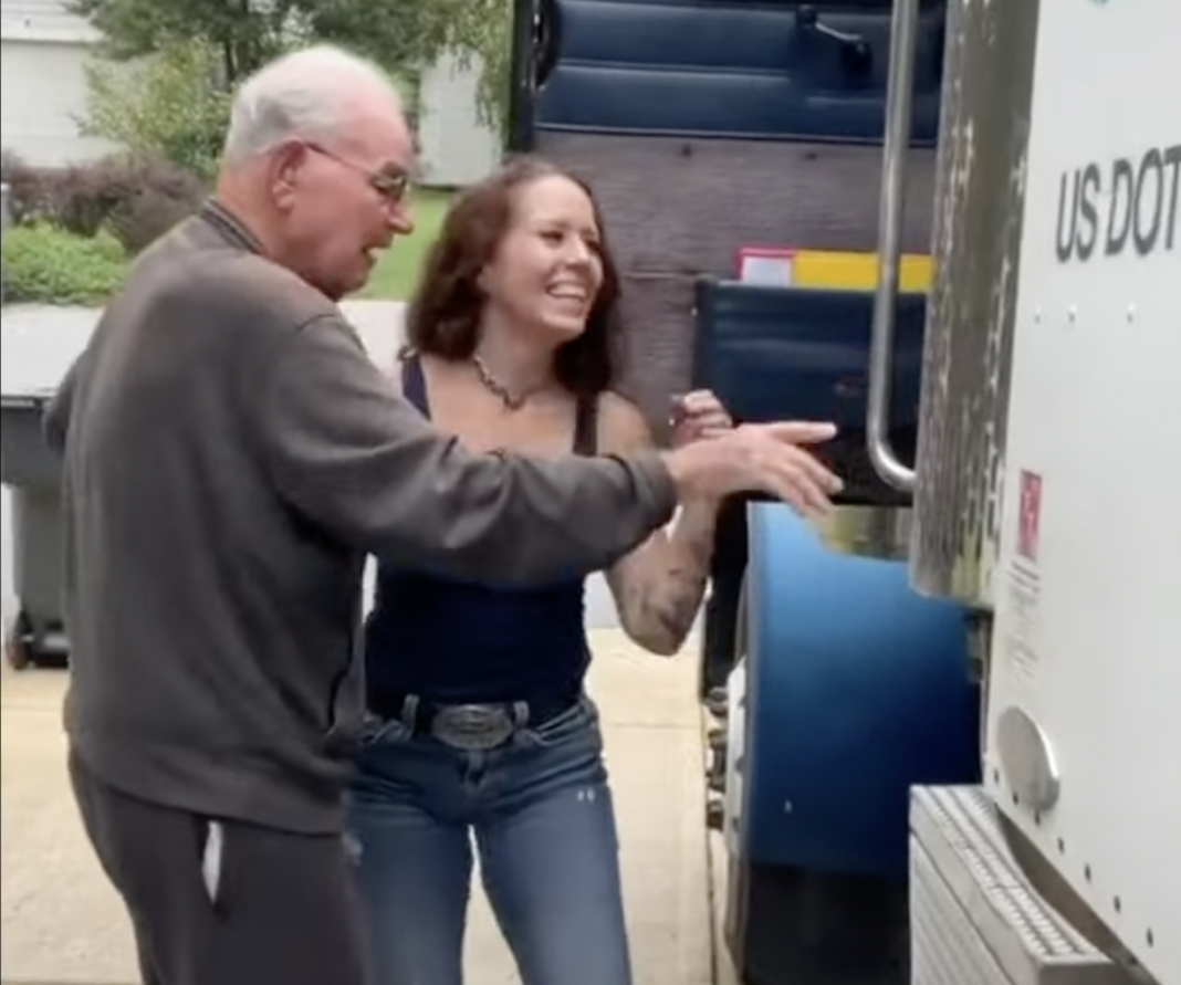 Watch as a trucker surprises her 94 year old grandpa with her new semi