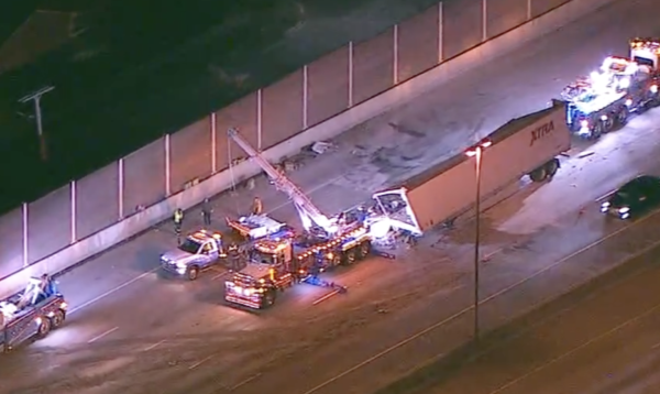 Semi stopped on shoulder sparks three rig, chain reaction crash