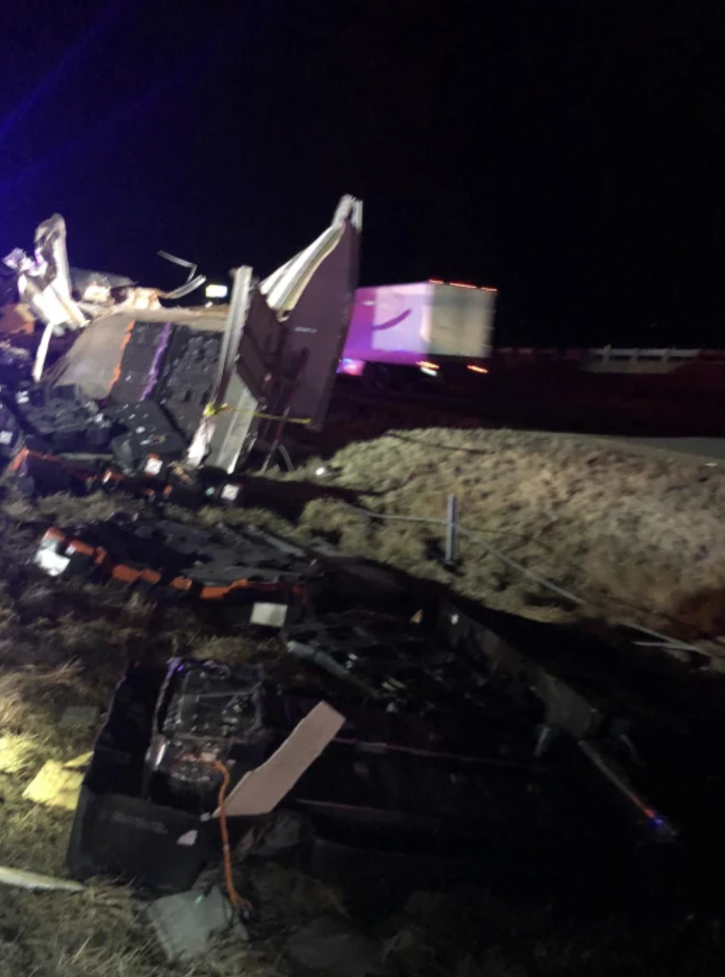 Chain-reaction crash scatters 1000lb batteries across interstate