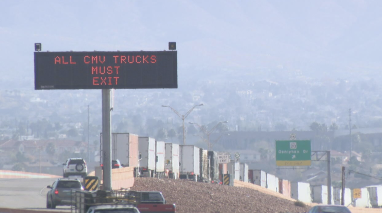 WATCH: Semi trucks backed up bumper to bumper near Texas border crossing
