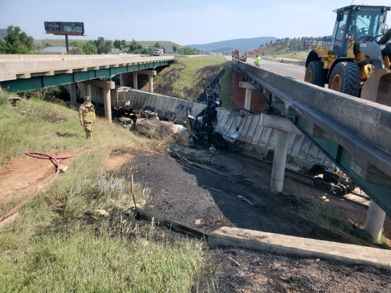 Trucker killed in crash off bridge that ended on top of parked train