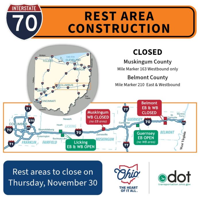 Ohio DOT to close three I-70 rest areas for a year for construction