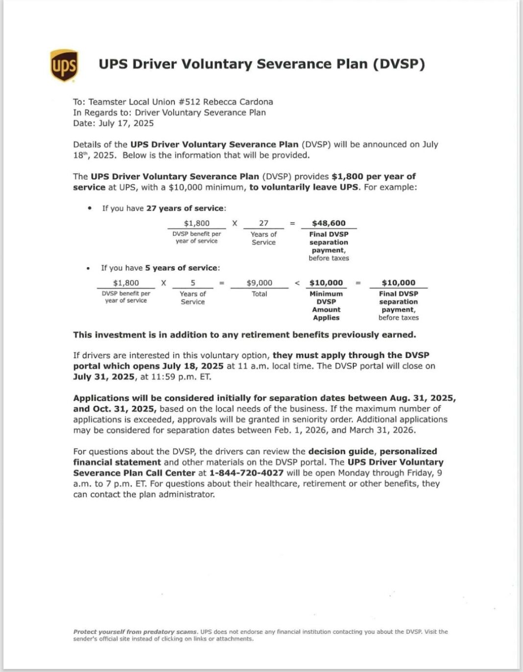 UPS offers full-time drivers a buyout of $1,800 per year of service if ...