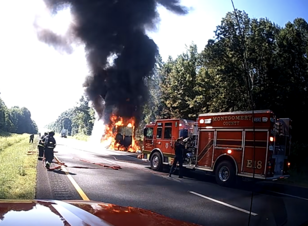 Blown semi truck tire causes series of events that lead to trailer fire