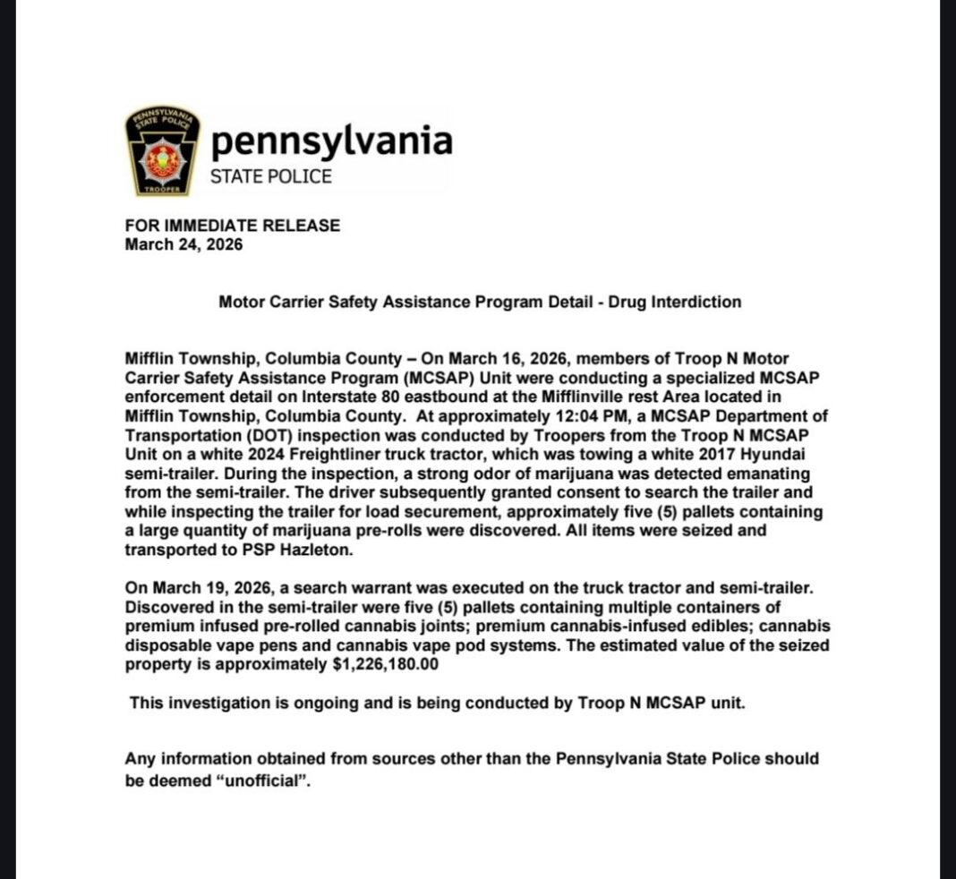 CMV enforcement at Pennsylvania rest area results in $1.2 million in ...